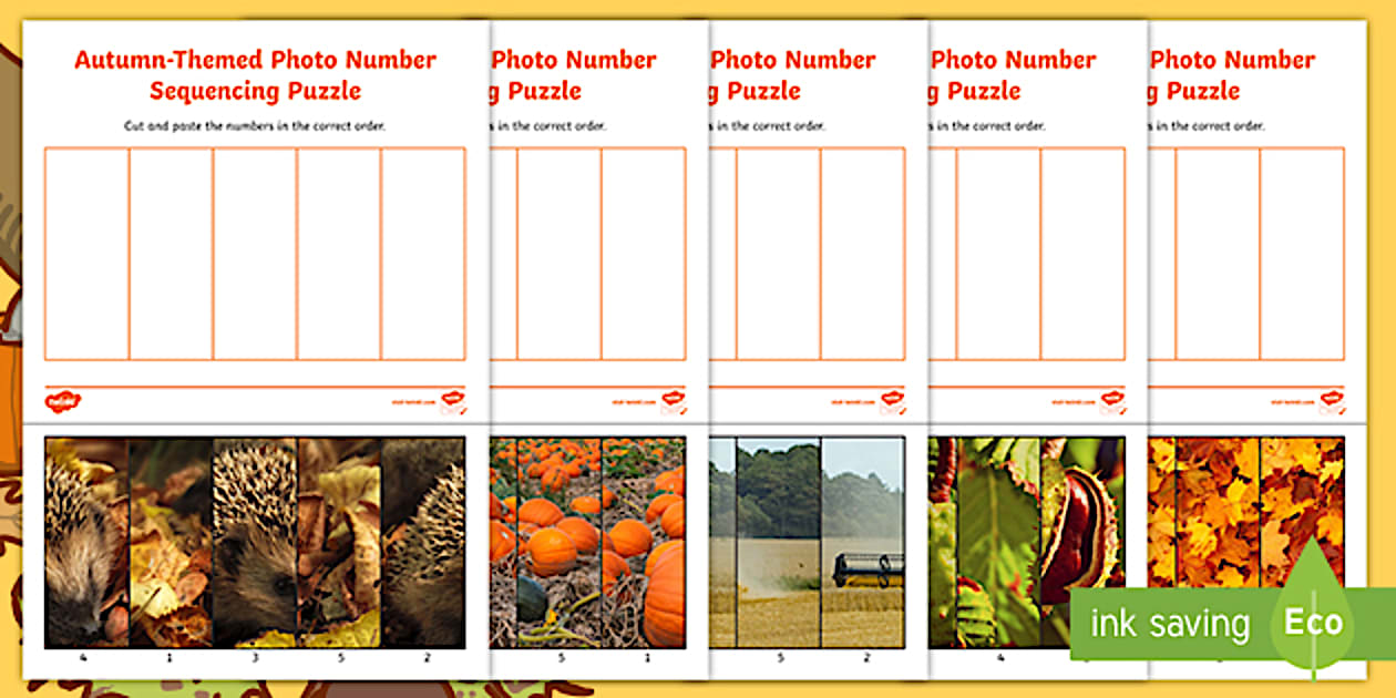 Editable Autumn Themed Photo Number Sequencing Puzzles
