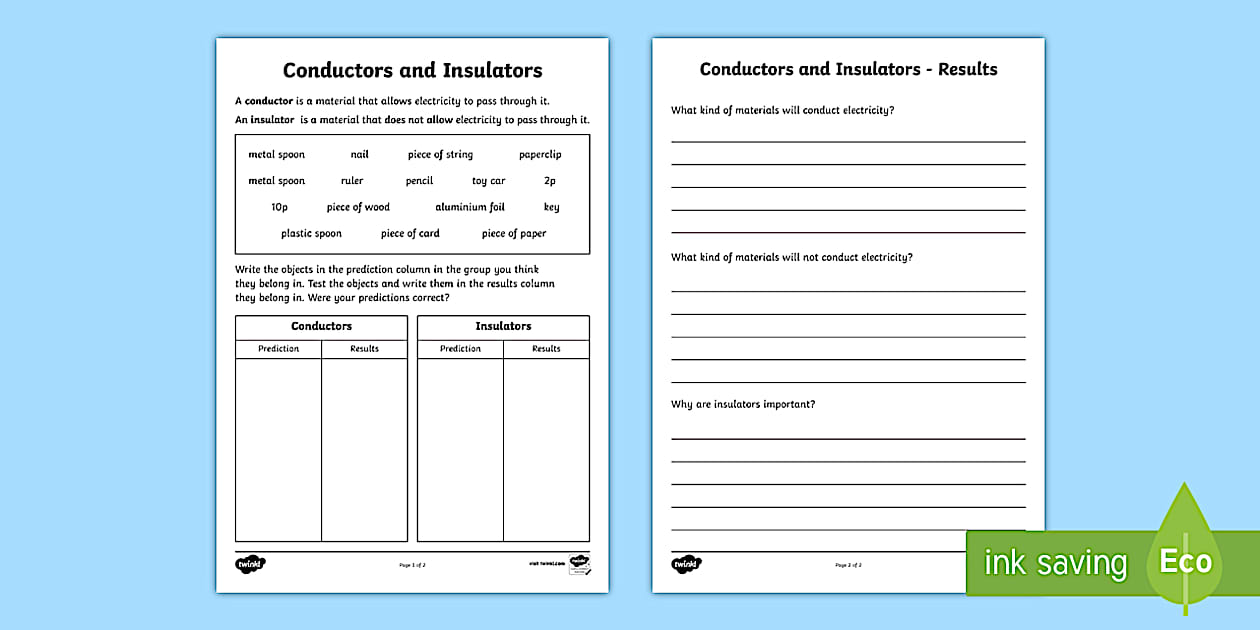 Conductors and Insulators Worksheet - Science Resource - Twinkl