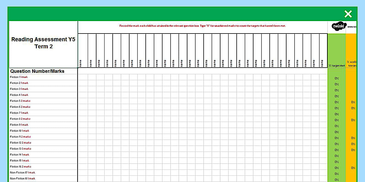 Year 5 Reading Assessment Spreadsheet Term 3 - Twinkl