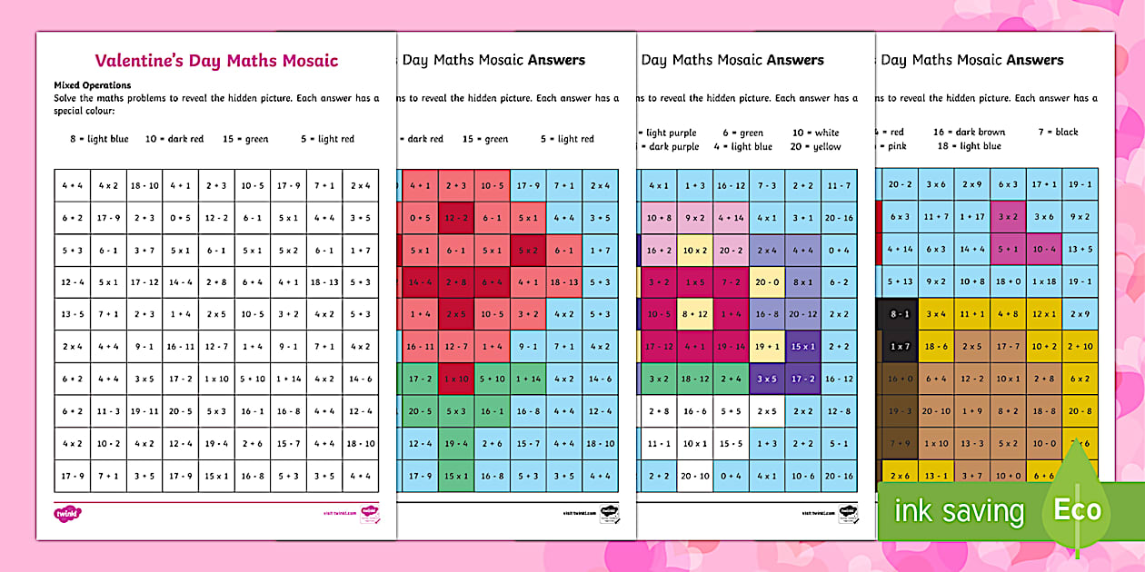 Valentine's Day Themed Mixed Operations Mosaics - Twinkl