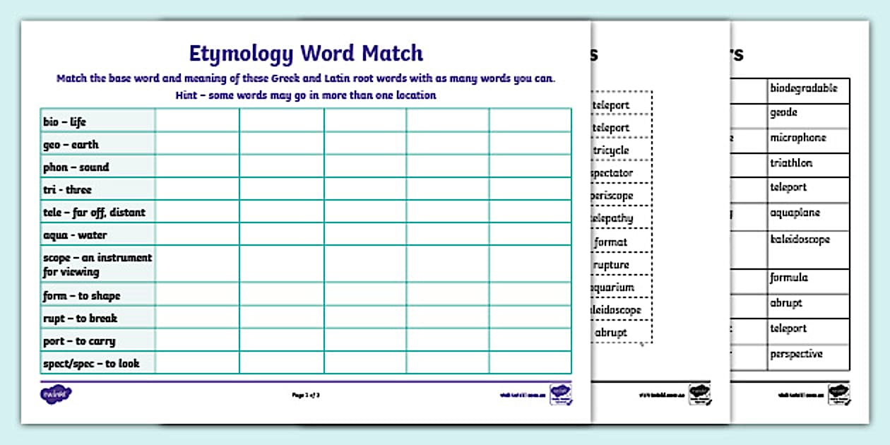 Etymology Word Match for Grade 5-6 - Twinkl