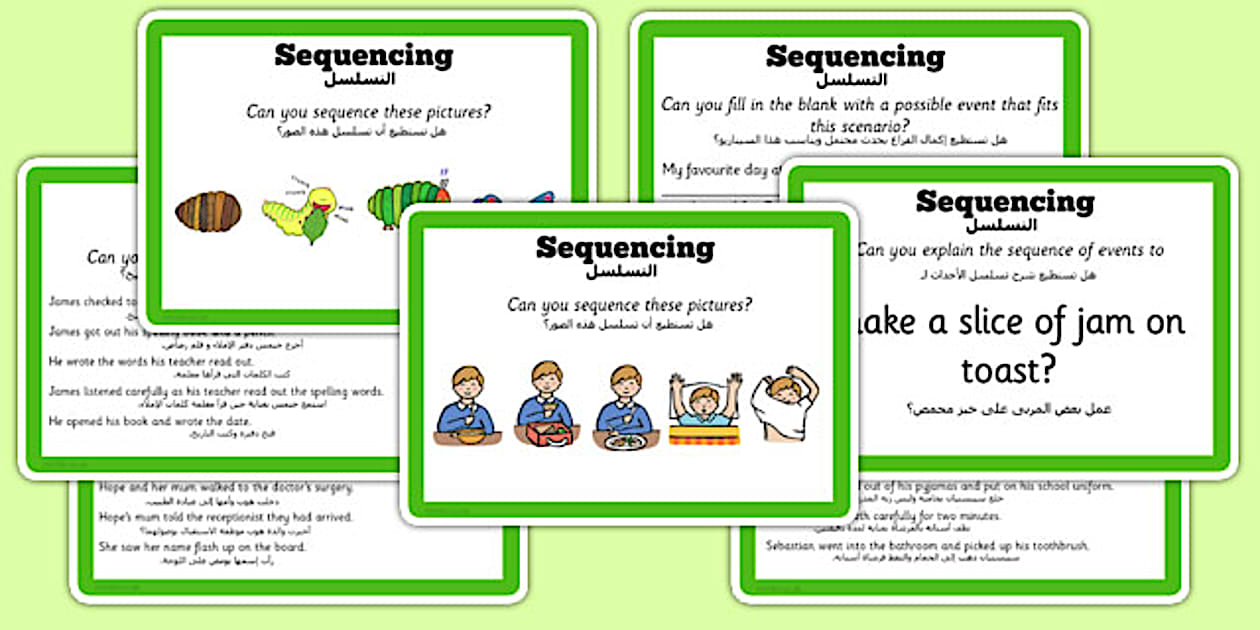 Guided Reading Skills Task Cards Sequencing Arabic Translation