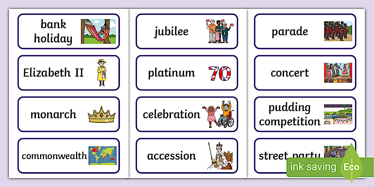 Black and White Platinum Jubilee Word Cards (teacher made)