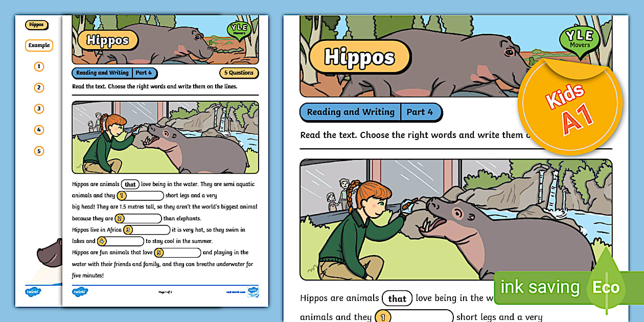 YLE Movers - Reading and Writing Part 4 - Practice Sheet (Hippos) [A1]