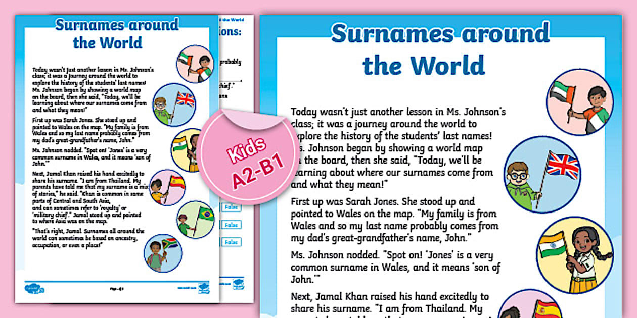 Surnames around the World Reading Comprehension [Kids, A2-B1]