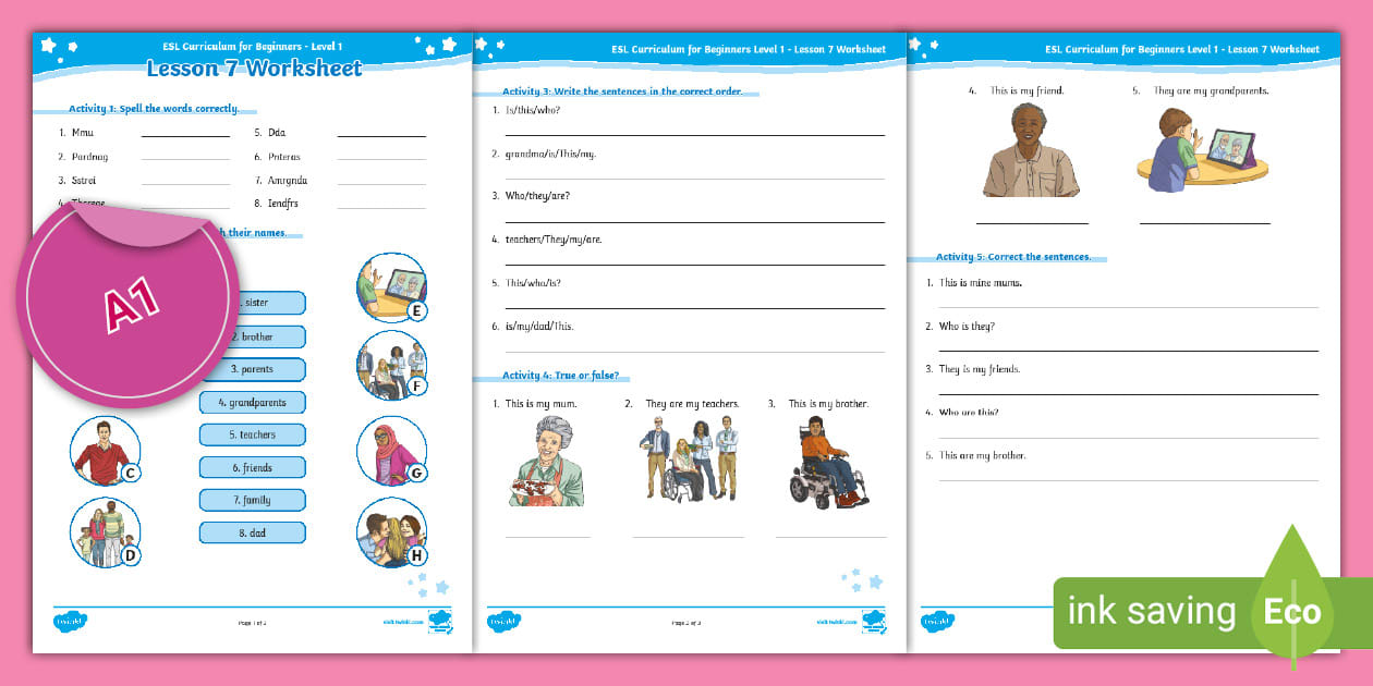 ESL Curriculum Level 1, Lesson 7 Worksheet - Twinkl