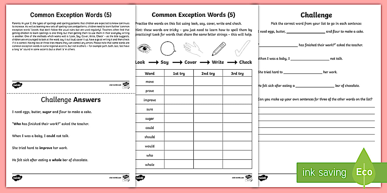 Year 2 Spelling Practice Common Exception Words (5) Homework Worksheet