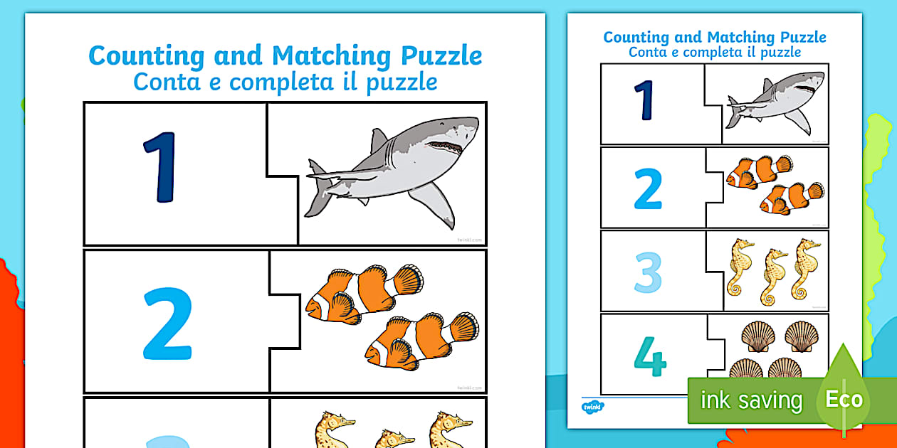 Under The Sea Themed Counting and Matching Puzzle Italian/English