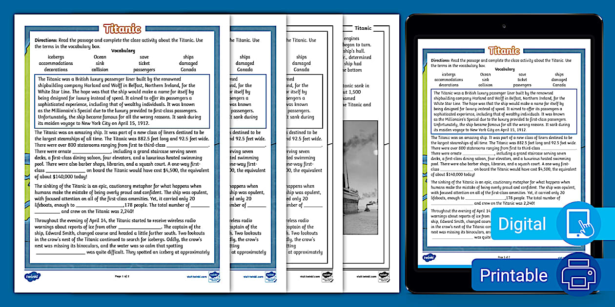 Sixth Grade Titanic Cloze Reading Activity (Teacher-Made)
