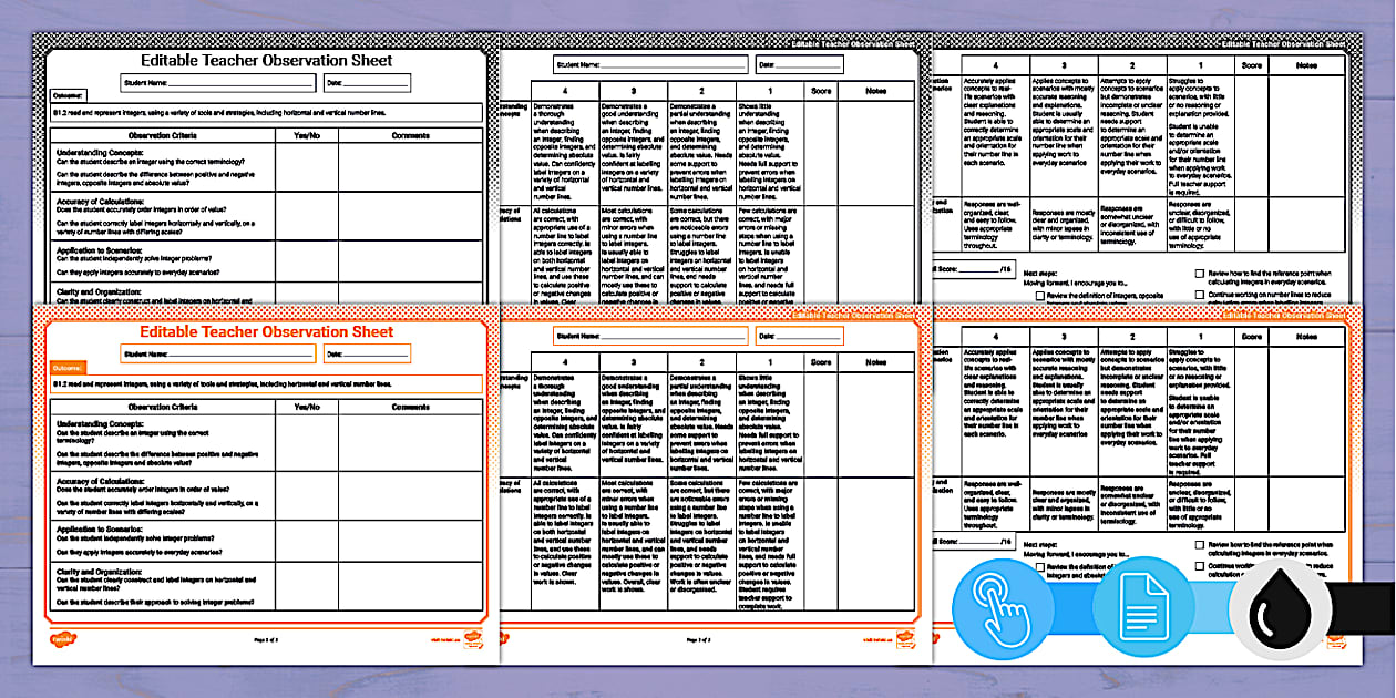 Grade 6 Integers Editable Observation Sheet and Rubric