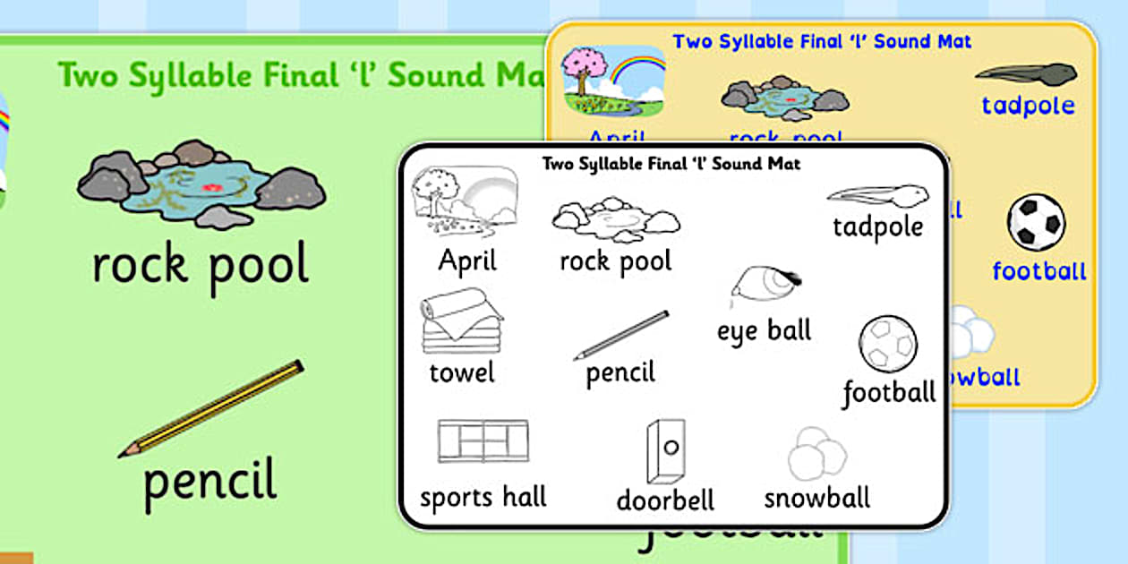 Black and White Two Syllable Final 'L' Sound Word Mat