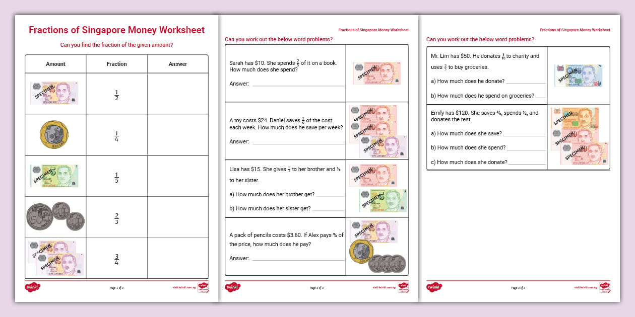 Singapore Money Fractions Worksheet (Hecho por educadores)
