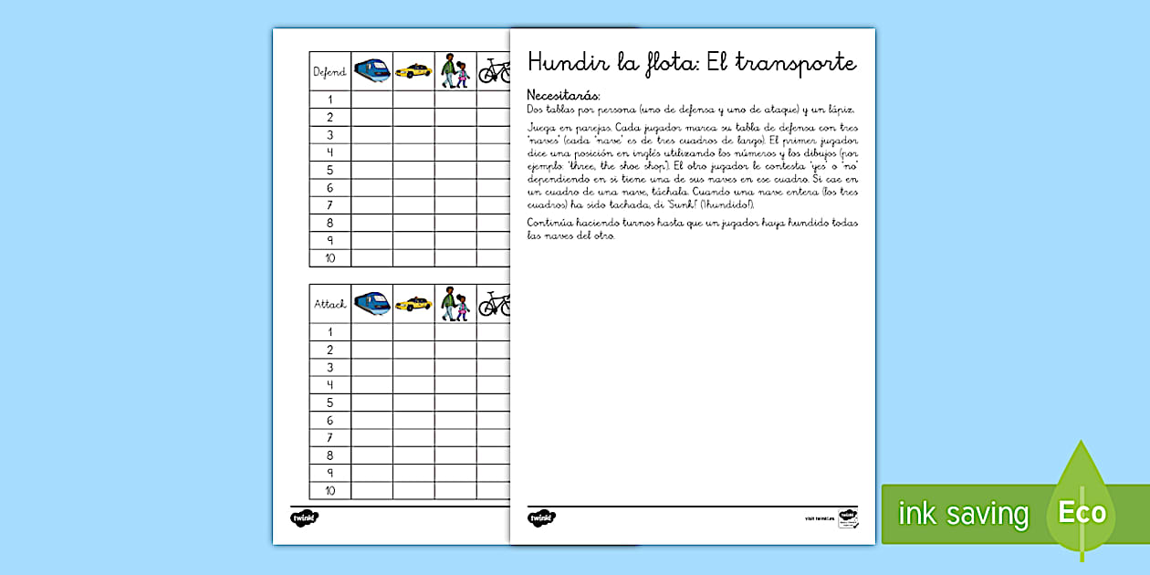 Juego: Hundir la flota - Transporte en inglés - Twinkl