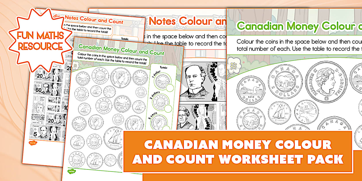 Canadian Money Colour and Count Worksheet Pack