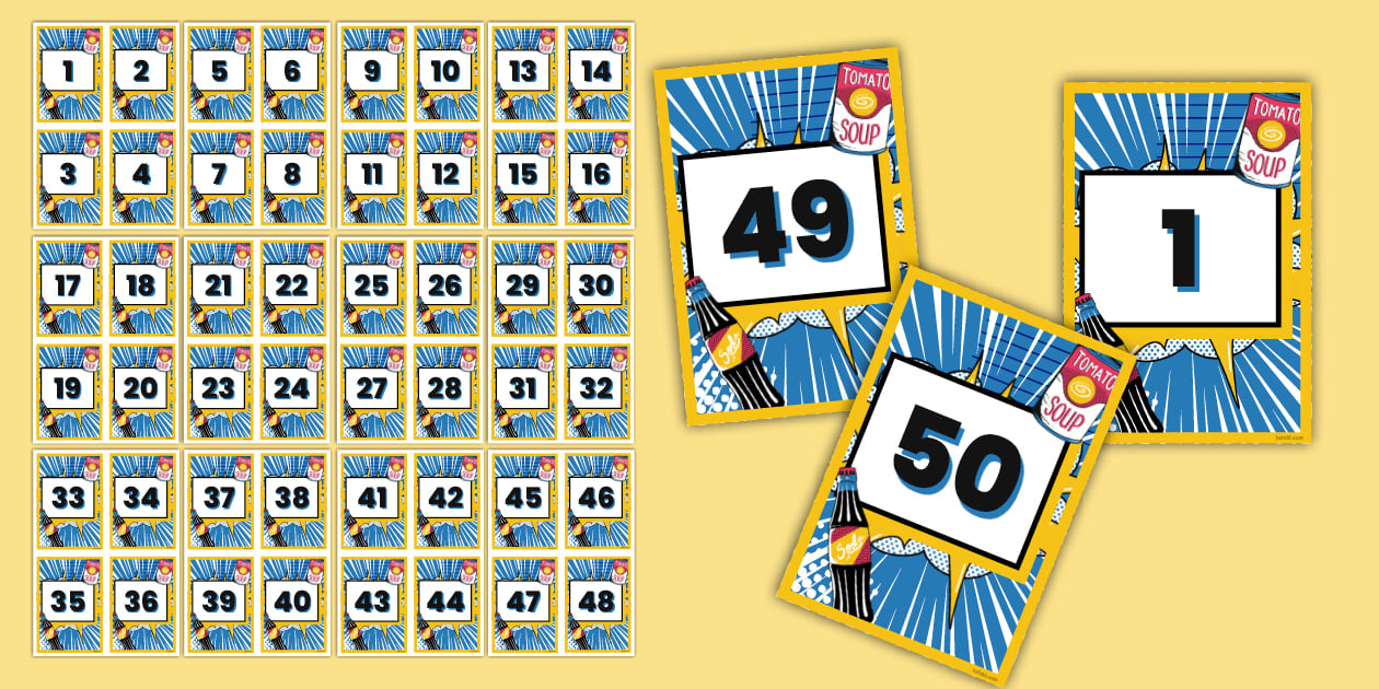 👉 Pop Art Themed Numbers 0-50 Cards (teacher made)
