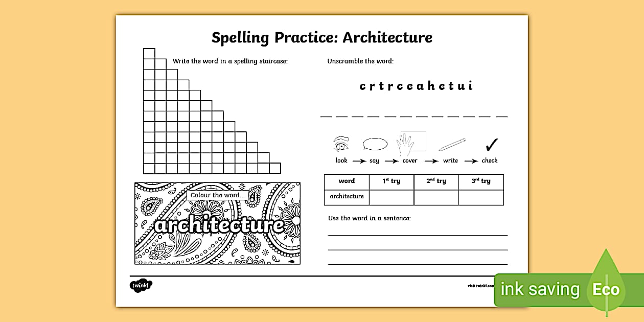 Architecture Spelling Practice Worksheet - Twinkl