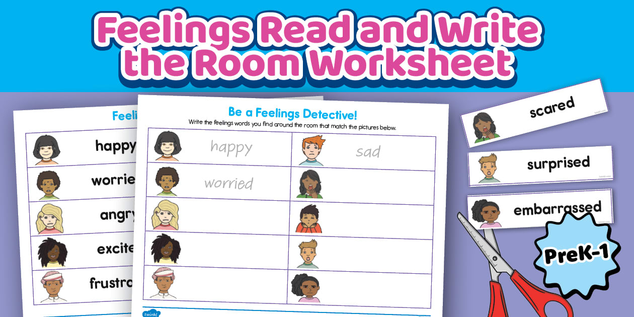 Feelings Read and Write the Room Worksheet - Twinkl