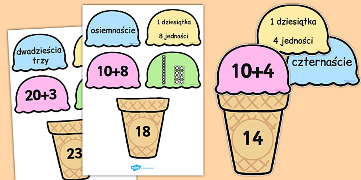 Black and White Place Value Ice Cream Cone Matching Activity Tens and Ones