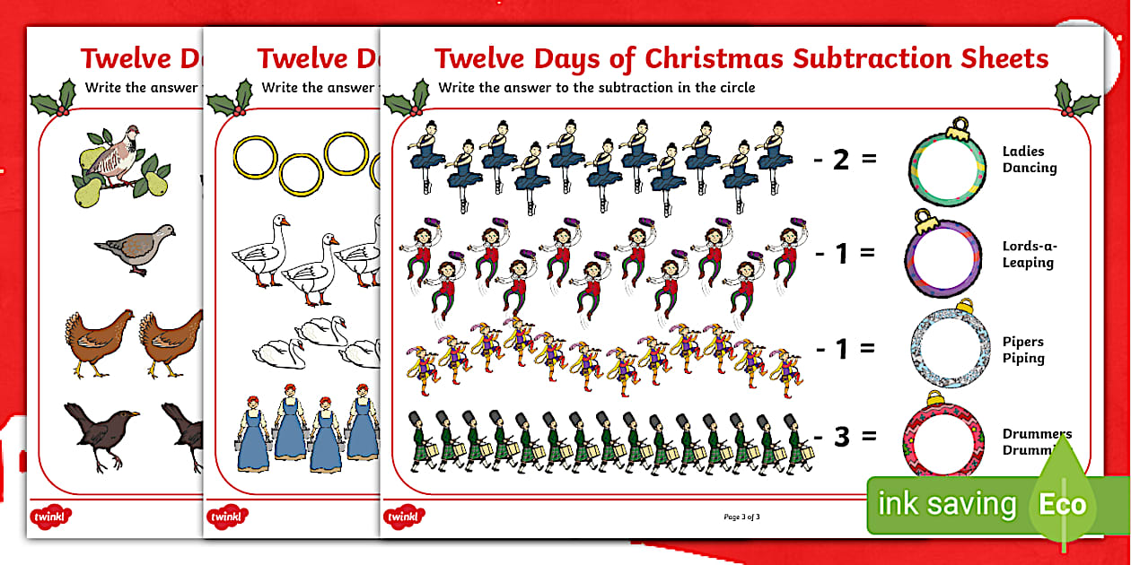 Christmas Subtraction Worksheets | Twelve Days of Christmas