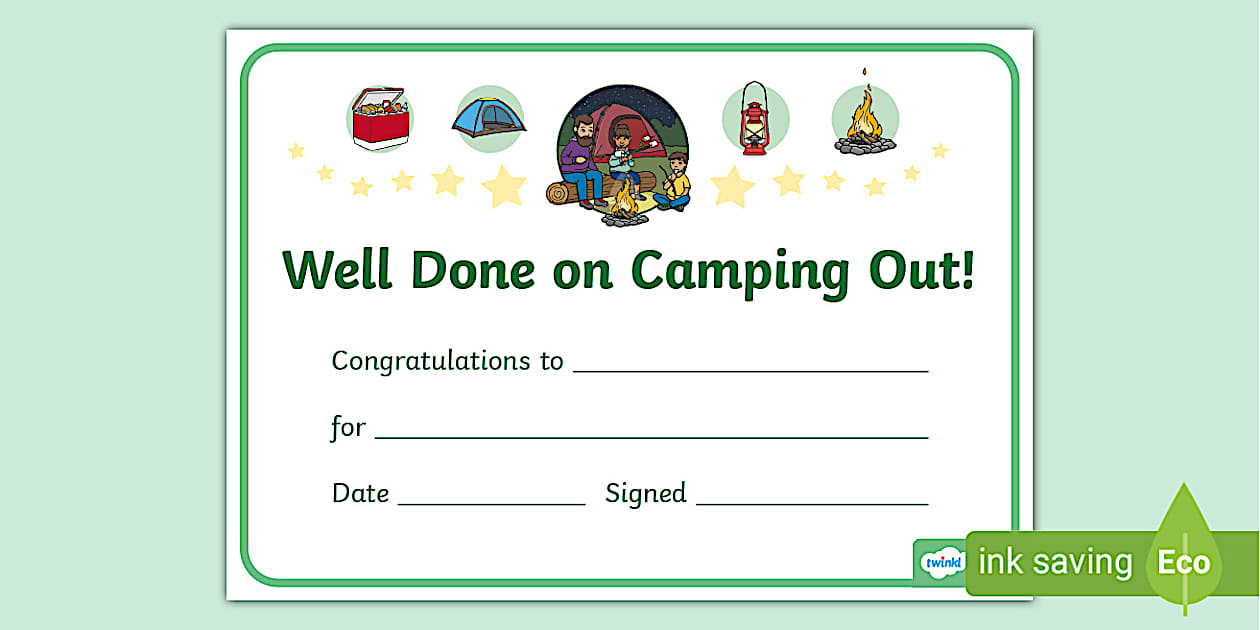 Well Done on Camping Out! Certificate - Twinkl