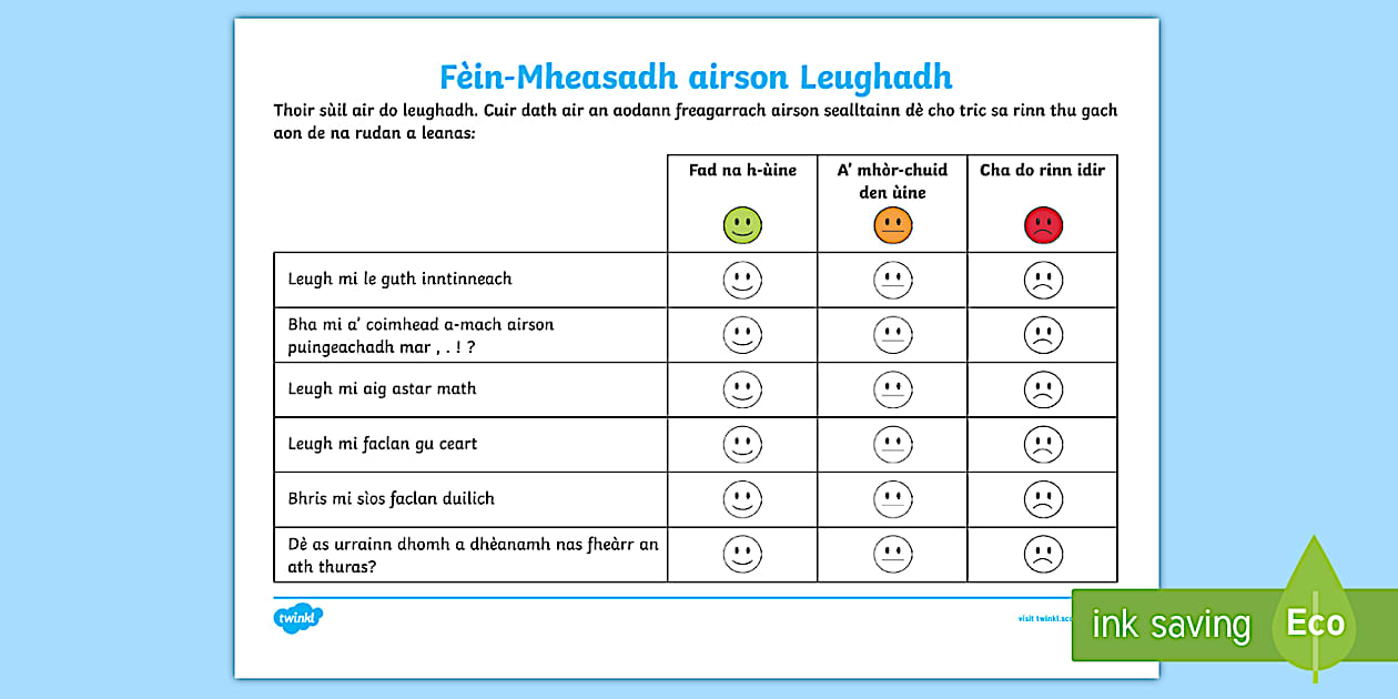 A' Chiad Ire - Fèin-mheasadh airson Leughadh - Duilleag-Obrach