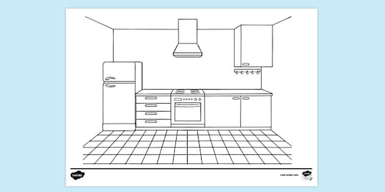 Blank Kitchen Scene With Cooker And Fridge Colouring Sheet