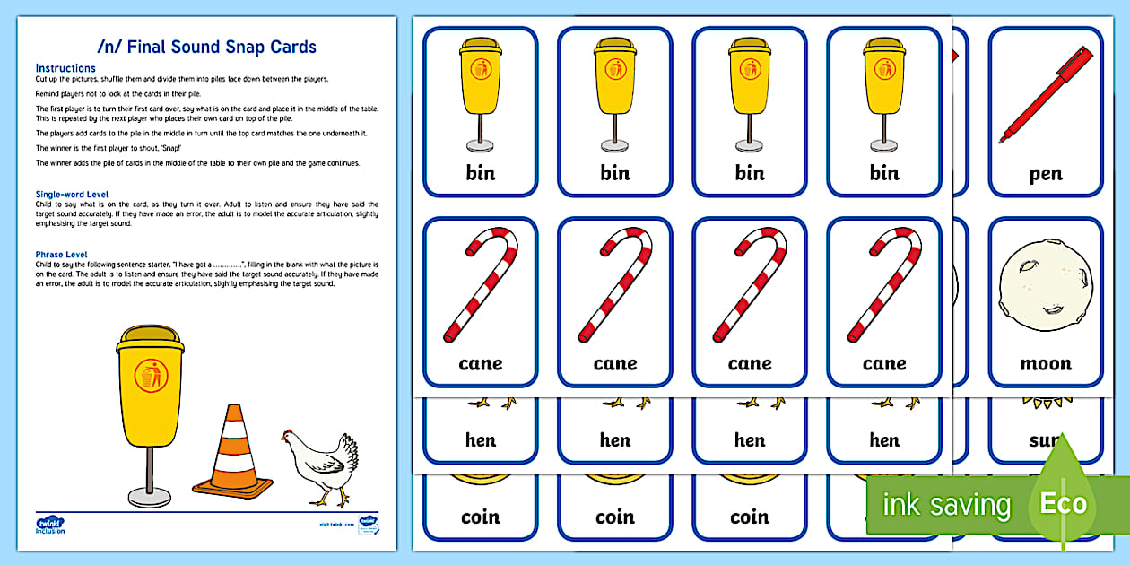 /n/ Final Sound Snap Cards Worksheet (teacher made) - Twinkl