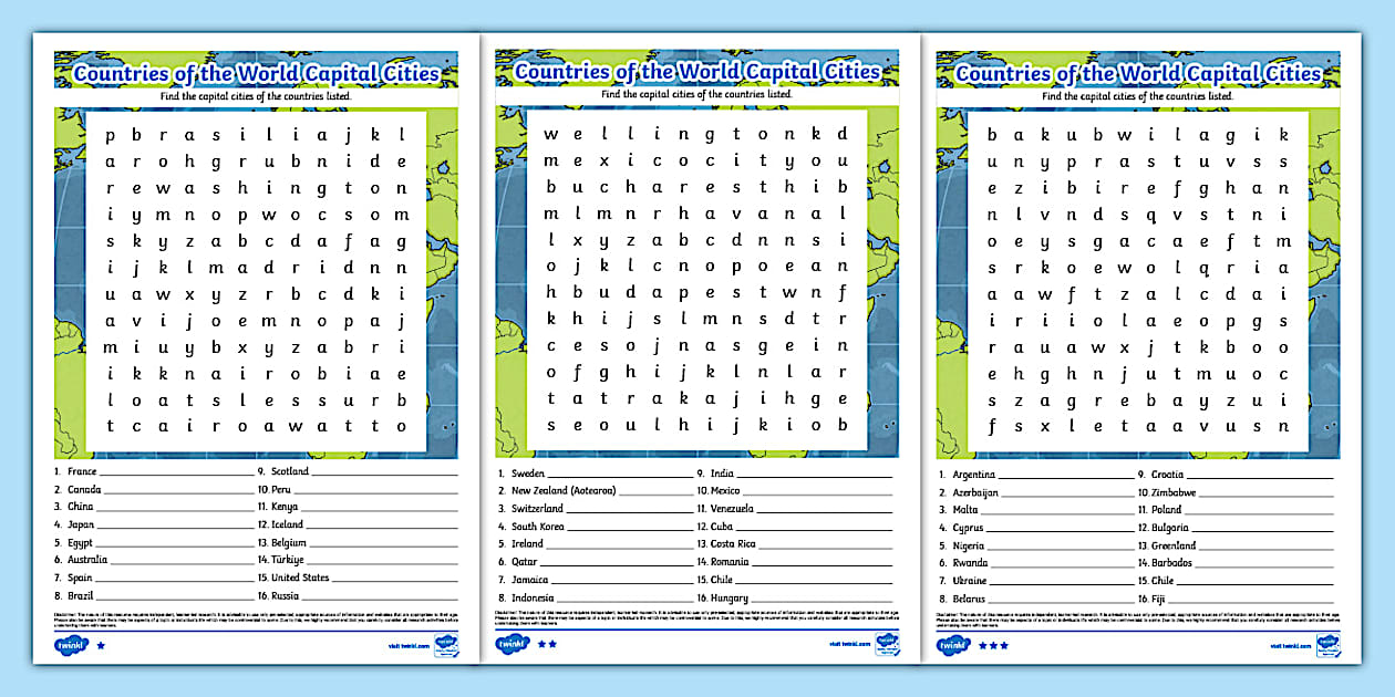 Countries of the World Capital City Word Search - Twinkl