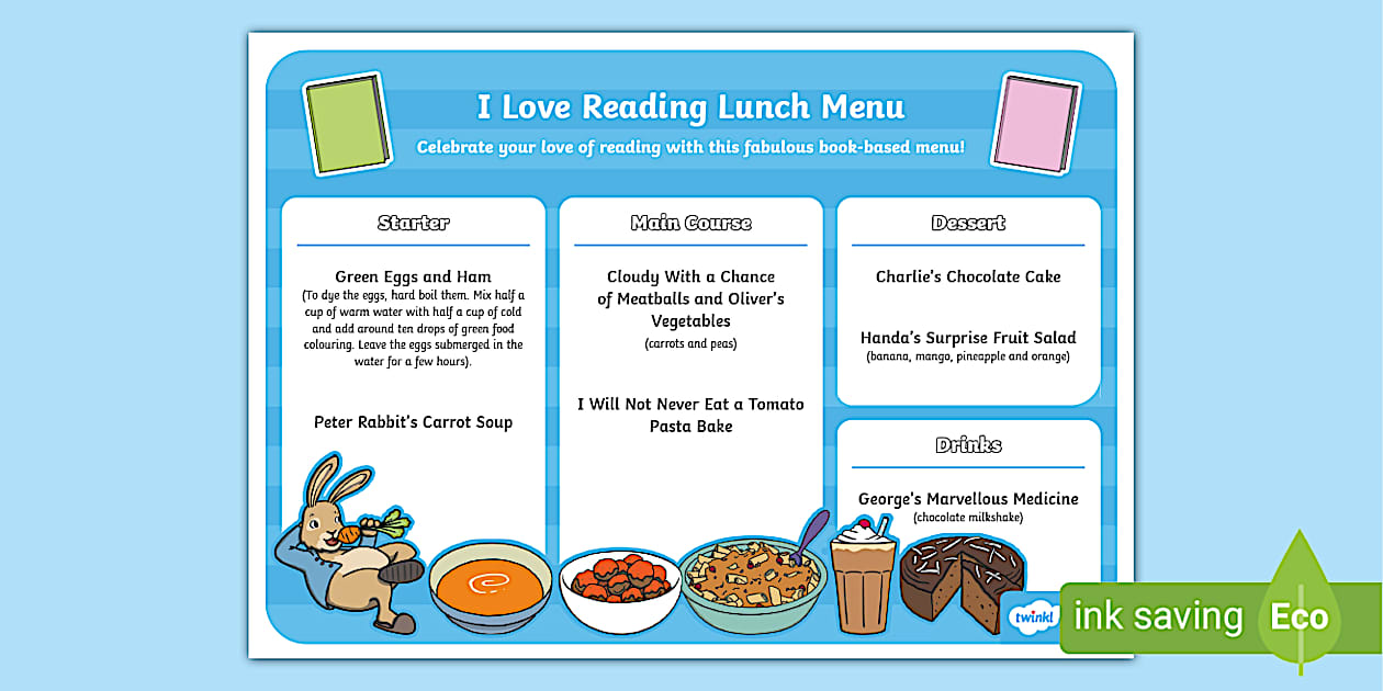 I Love Reading Lunch Menu