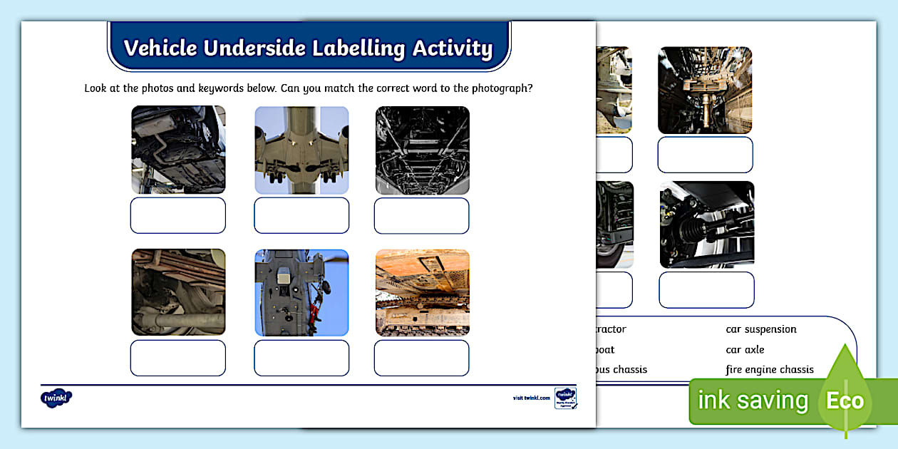 Vehicle Underside Photo Labelling Activity Sheets - Twinkl