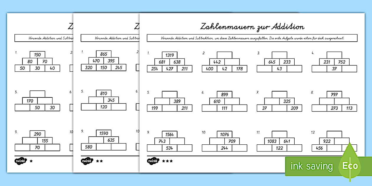 Zahlenmauern zur Addition Arbeitsblätter: Unterschiedliche Schwierigkeitsgrade