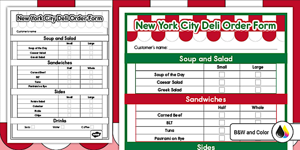 New York City Deli Dramatic Play Order Form