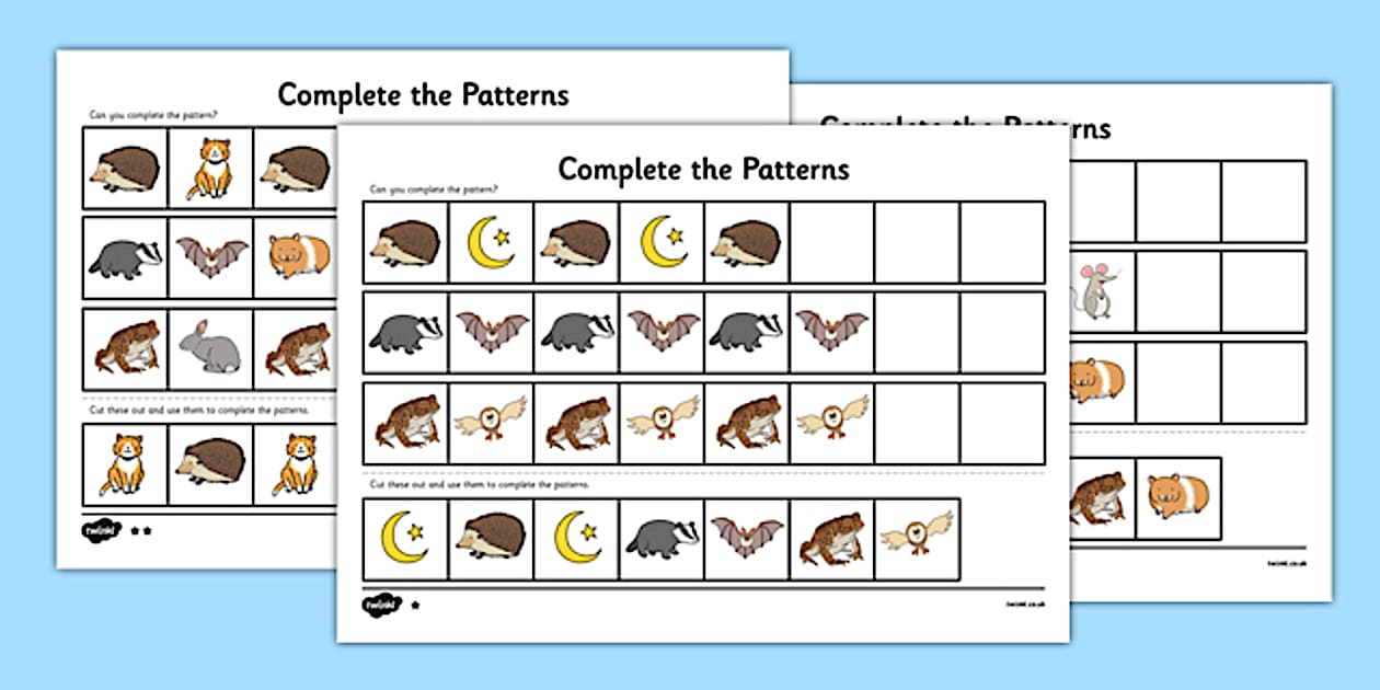 Nocturnal Animals Complete the Pattern Worksheet - Twinkl