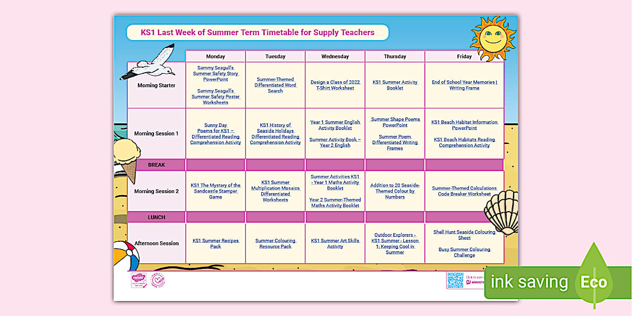 KS1 End of Summer Term Activity Timetable - Supply Teachers