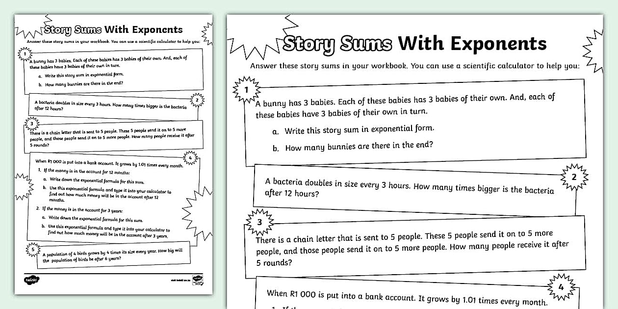 Story Sums with Exponents Activity Sheet (teacher made)