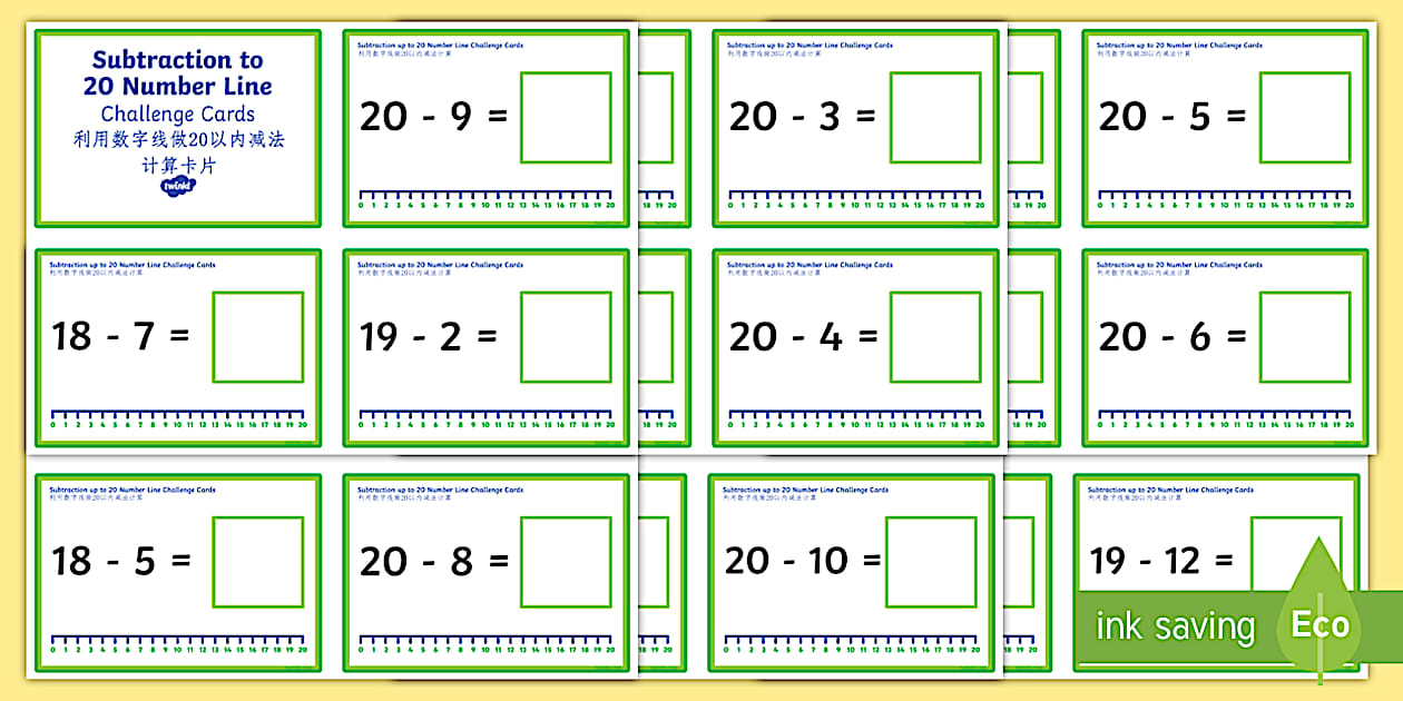 Subtraction up to 20 with a Number line Challenge Cards - Mandarin Chinese