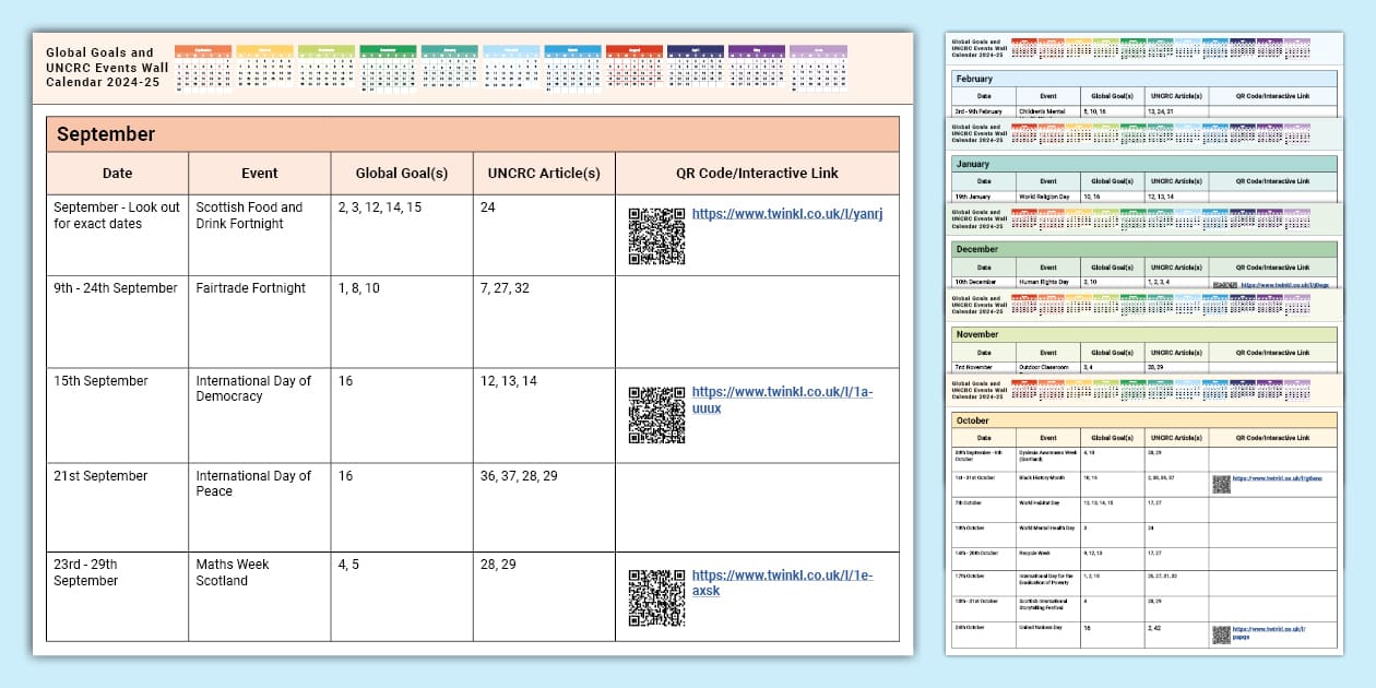 Global Goals and UNCRC Events Wall Calendar 2024-25 - Twinkl