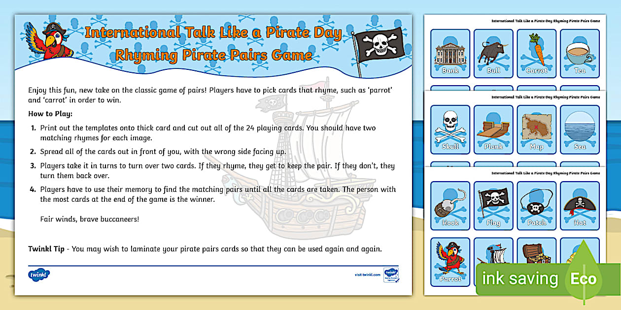 Rhyming Pirate Pairs Game | Talk Like a Pirate Day - Twinkl