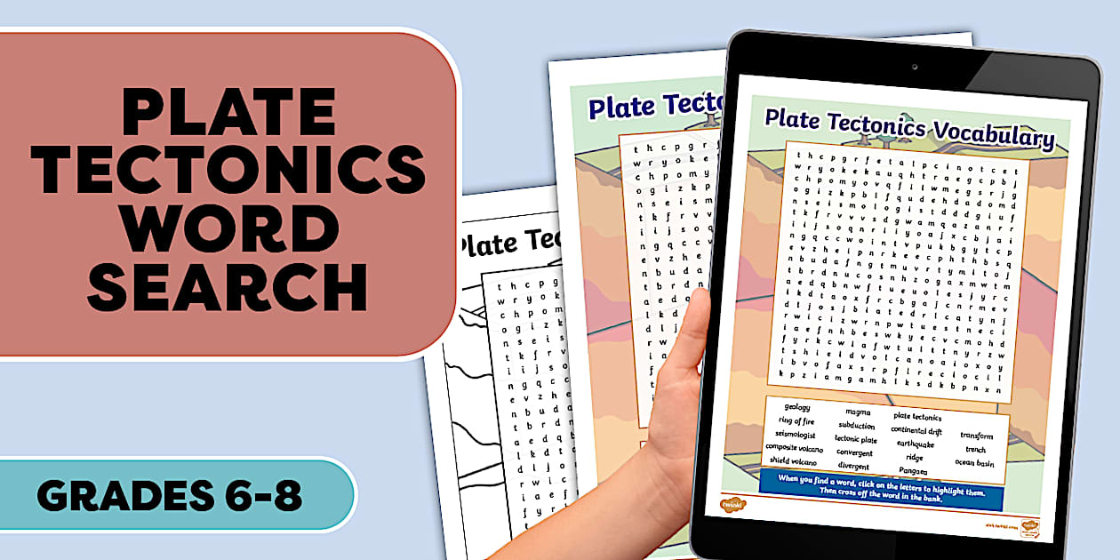 Plate Tectonics Vocabulary Word Search for 6th-8th Grade