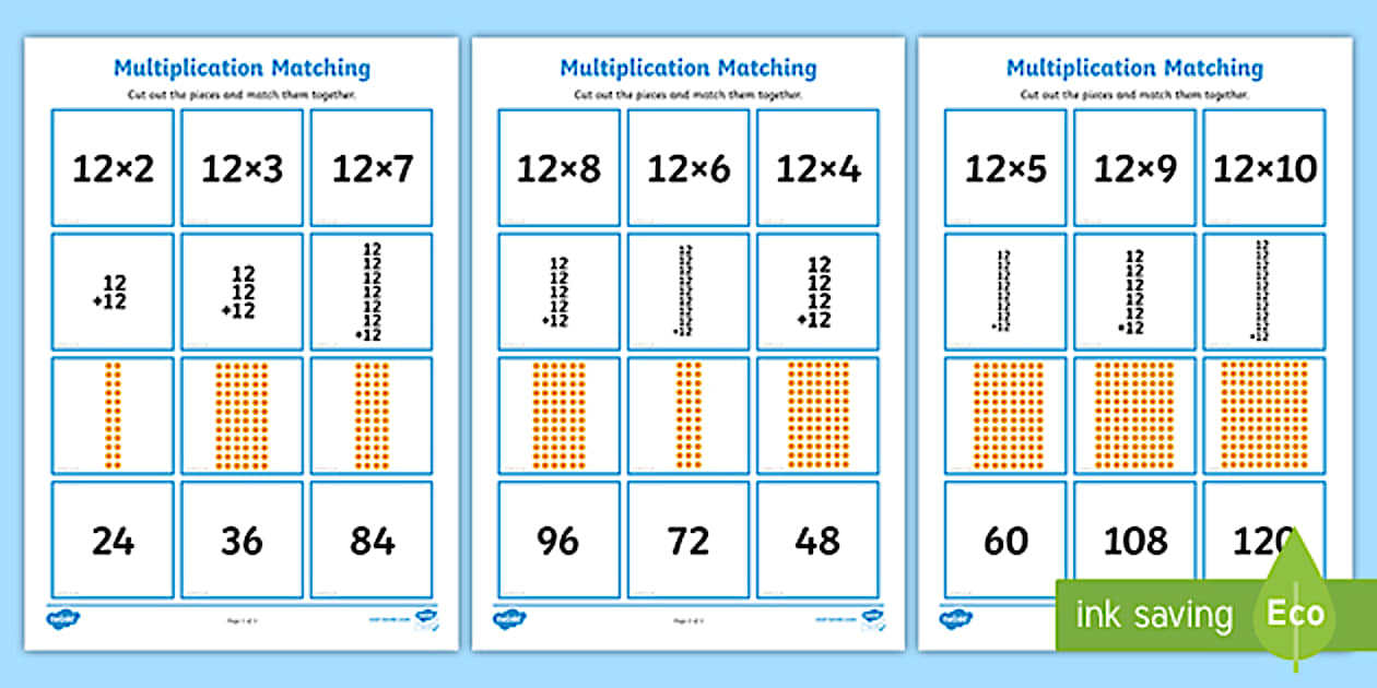 Black and White 12 Times Table Multiplication Matching Puzzle
