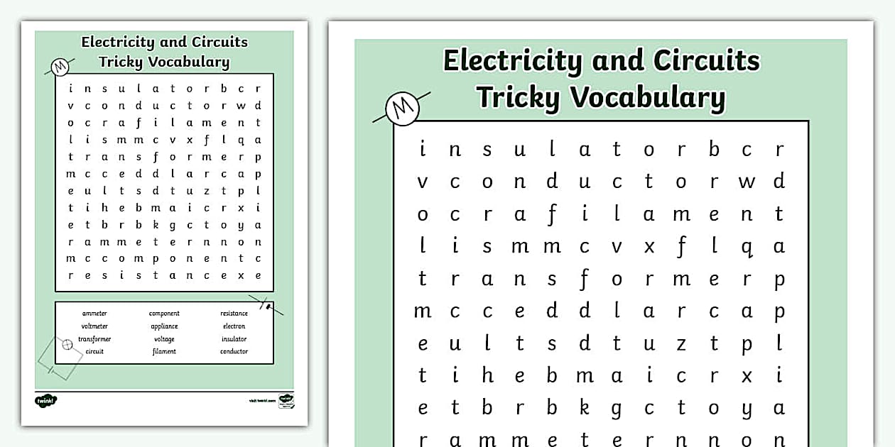 Electricity and Circuits Tricky Vocabulary Word Search