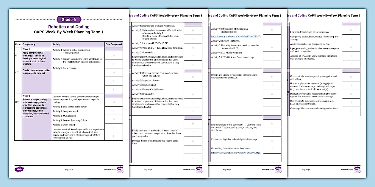 Robotics and Coding - Grade 6 Week-by-week Planning Term 1