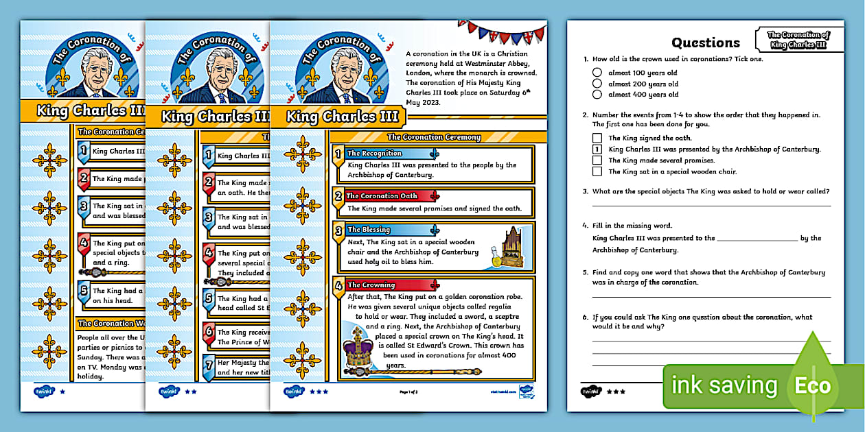 KS1 The Coronation of King Charles III Reading Activity