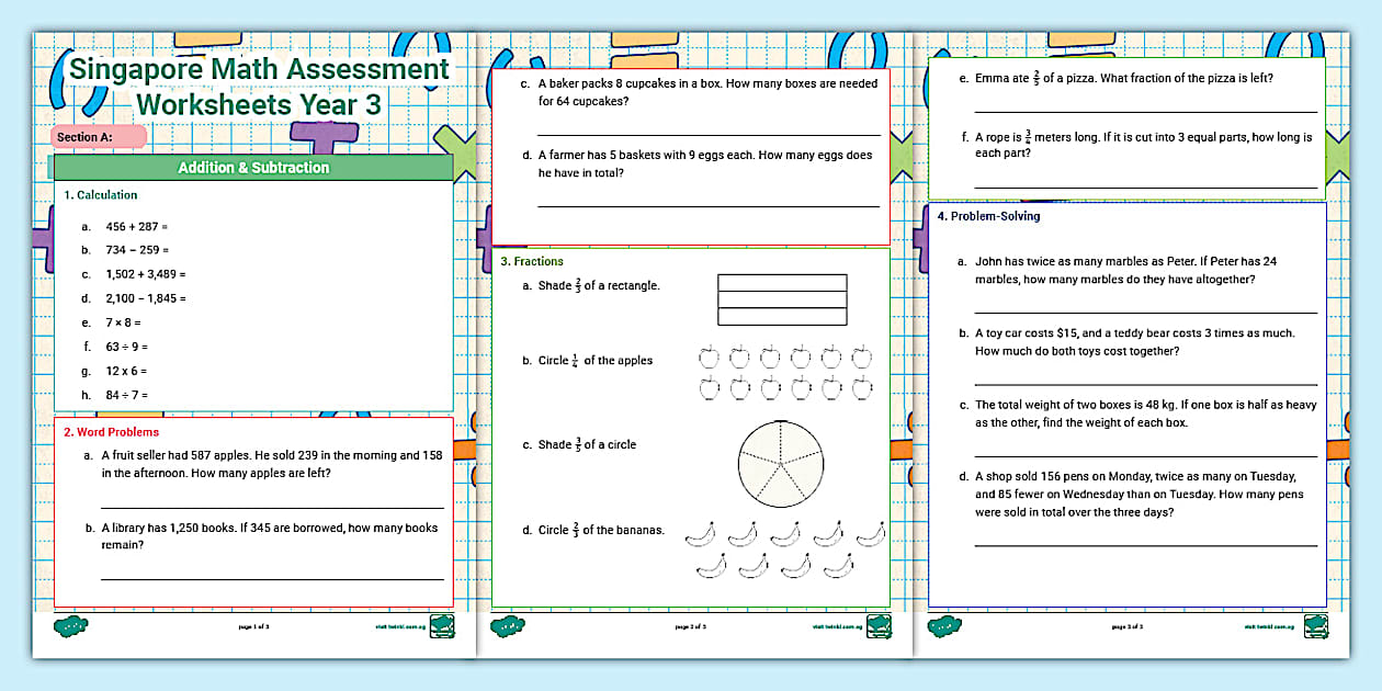 Singapore Math Assessment Worksheets Year 3 - Twinkl