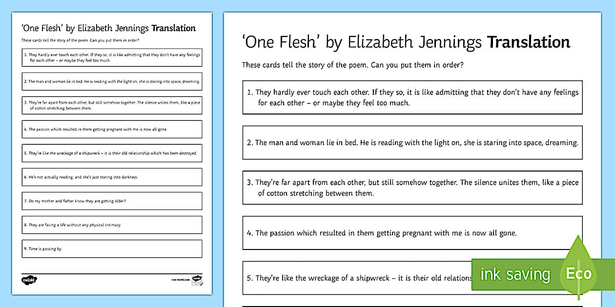 GCSE Poetry - 'One Flesh' by Elizabeth Jennings LA Translation Worksheet