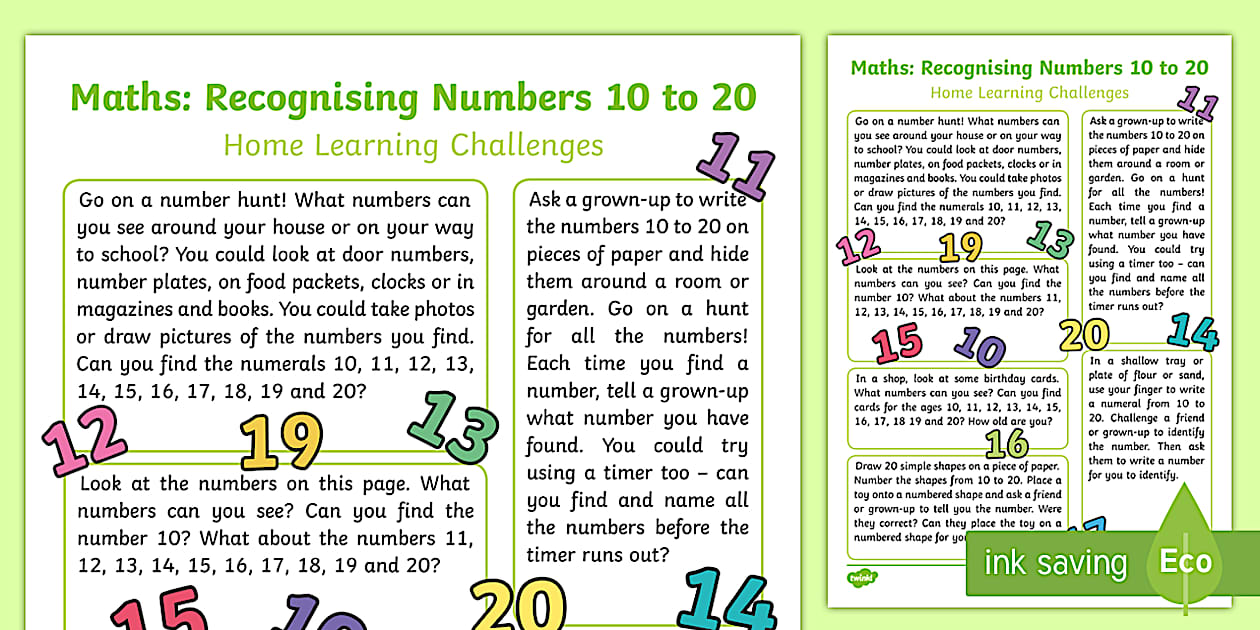 EYFS Recognises Numerals 10 to 20 Home Learning Challenges Worksheet