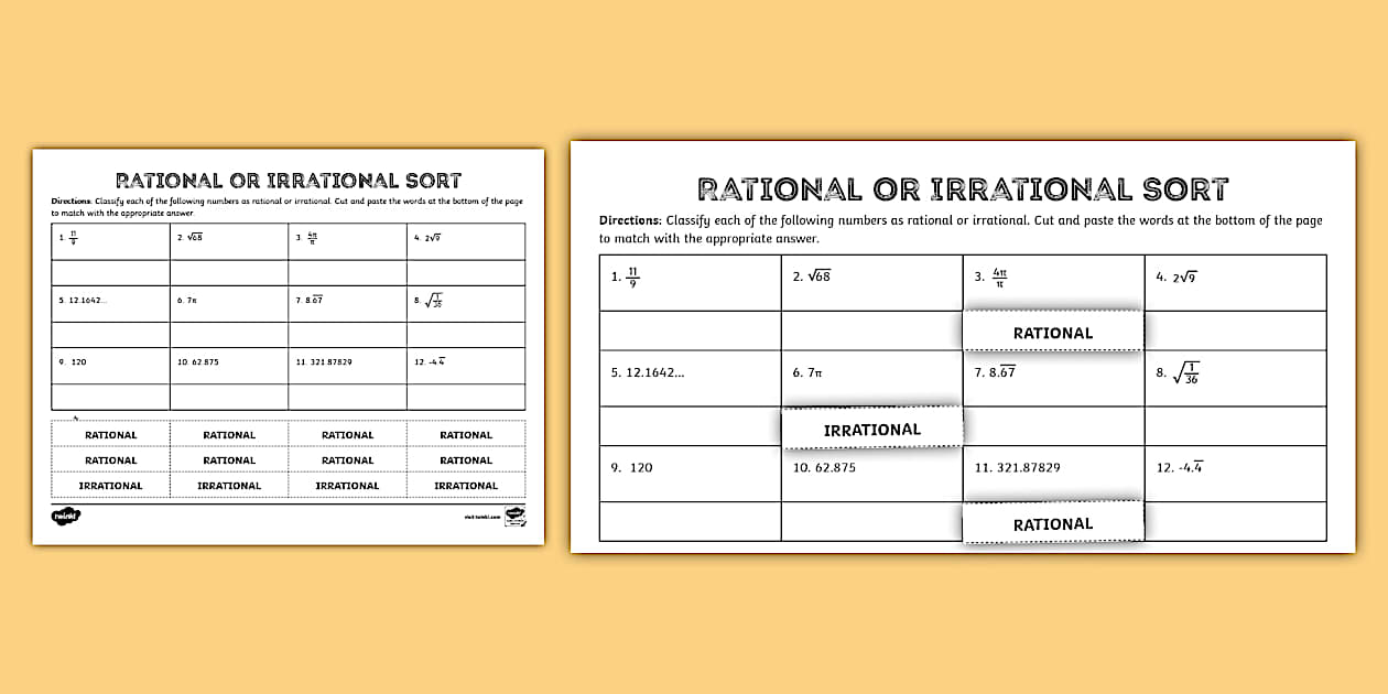 Eighth Grade Rational or Irrational Sort Cut and Paste Activity