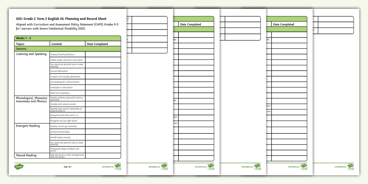 SID: Grade 2 Term 2 English HL Planning and Record Sheet
