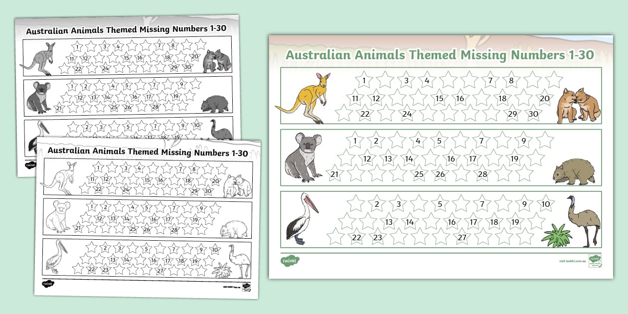 * NEW * Australian Animals Themed Missing Numbers 1-30 Worksheet