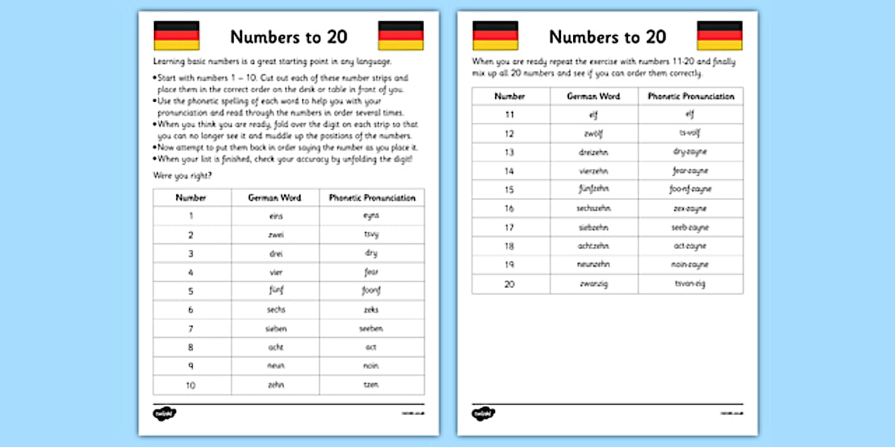 One to 10 in German - Numbers to 20 German Worksheet